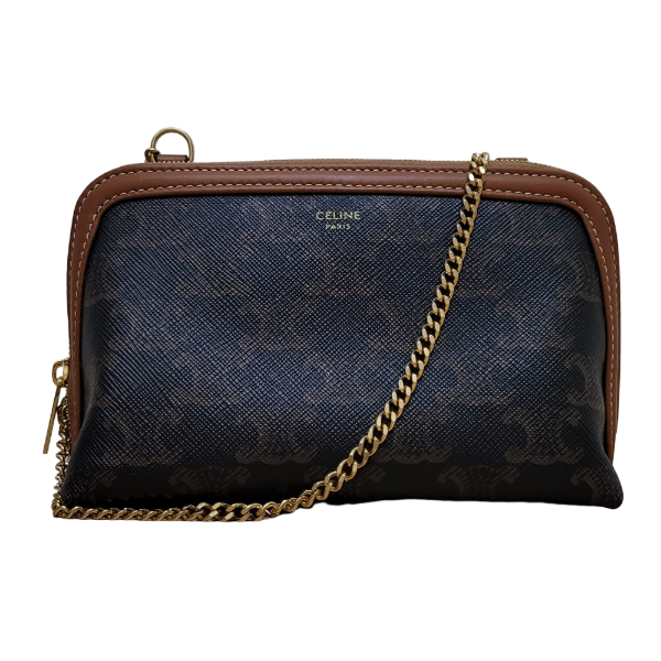 CELINE 凱旋門TRIOMPHE 老花帆布 鏈帶斜背包 黃褐色 10E382CBX.04LU-zingala商店