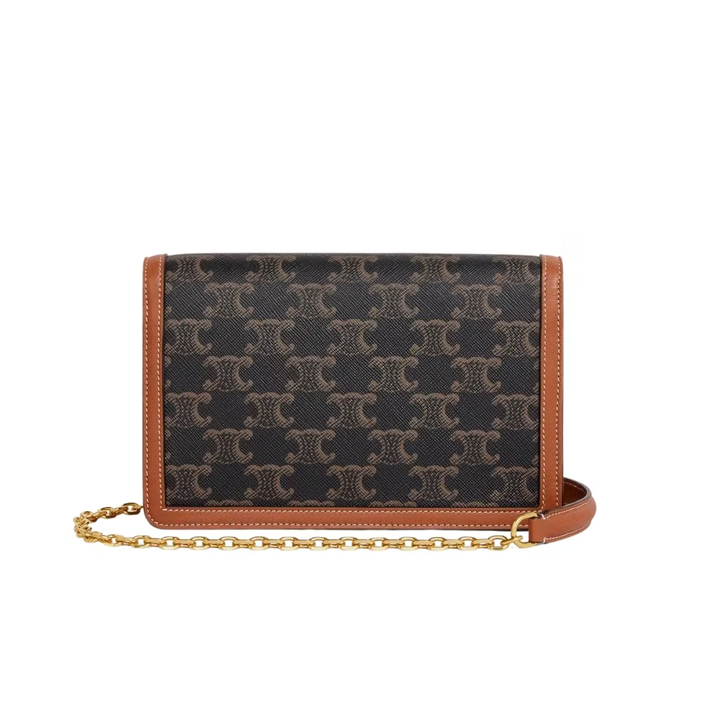 CELINE 凱旋門TRIOMPHE 標誌印花帆布羊皮 手拿包/鍊包 黃褐色 10I822DS9.04LU-zingala商店